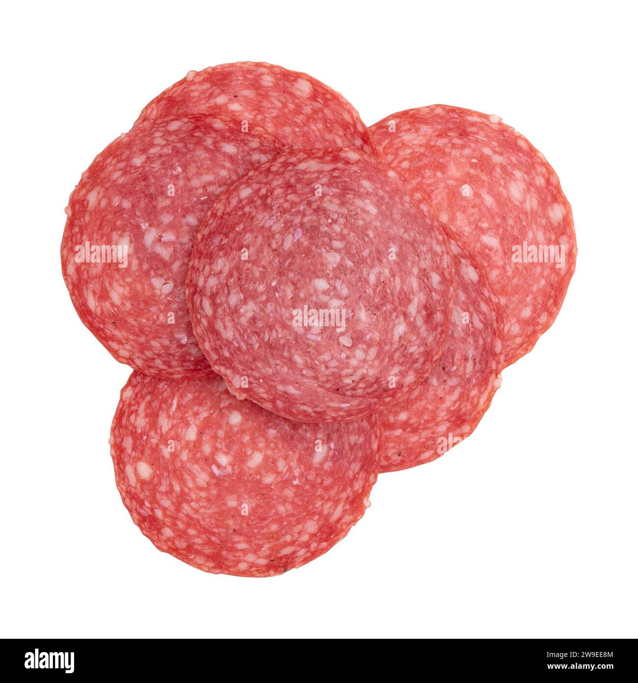 pieces of sliced salami sausage laid out to create layout, pile of salami sausage slices ...