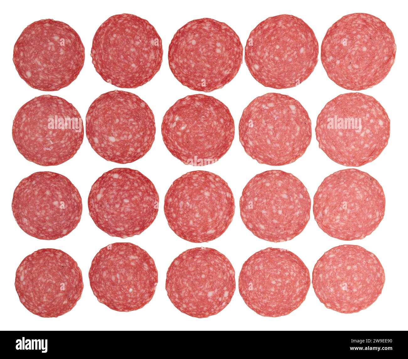 pattern of salami sausage isolated on white background, sliced pieces of smoked sausage Stock ...