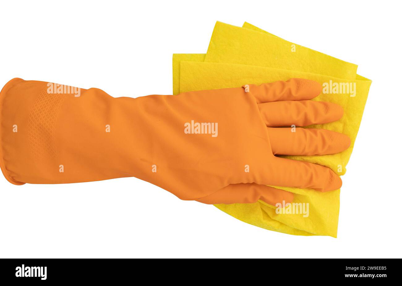 hand in rubber glove holds yellow rag on white background, house ...