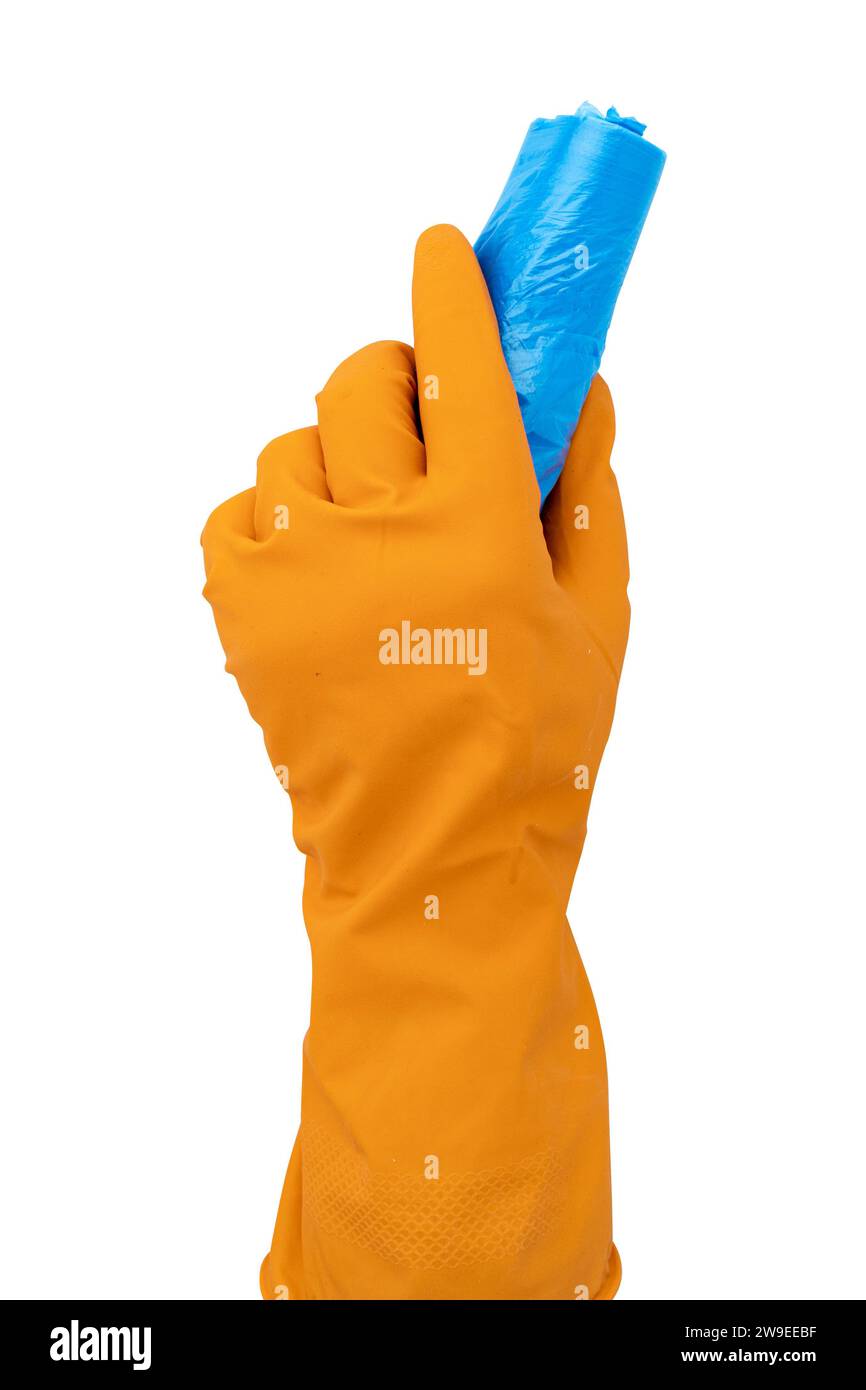 hand in rubber glove with roll of garbage bag isolated on white ...