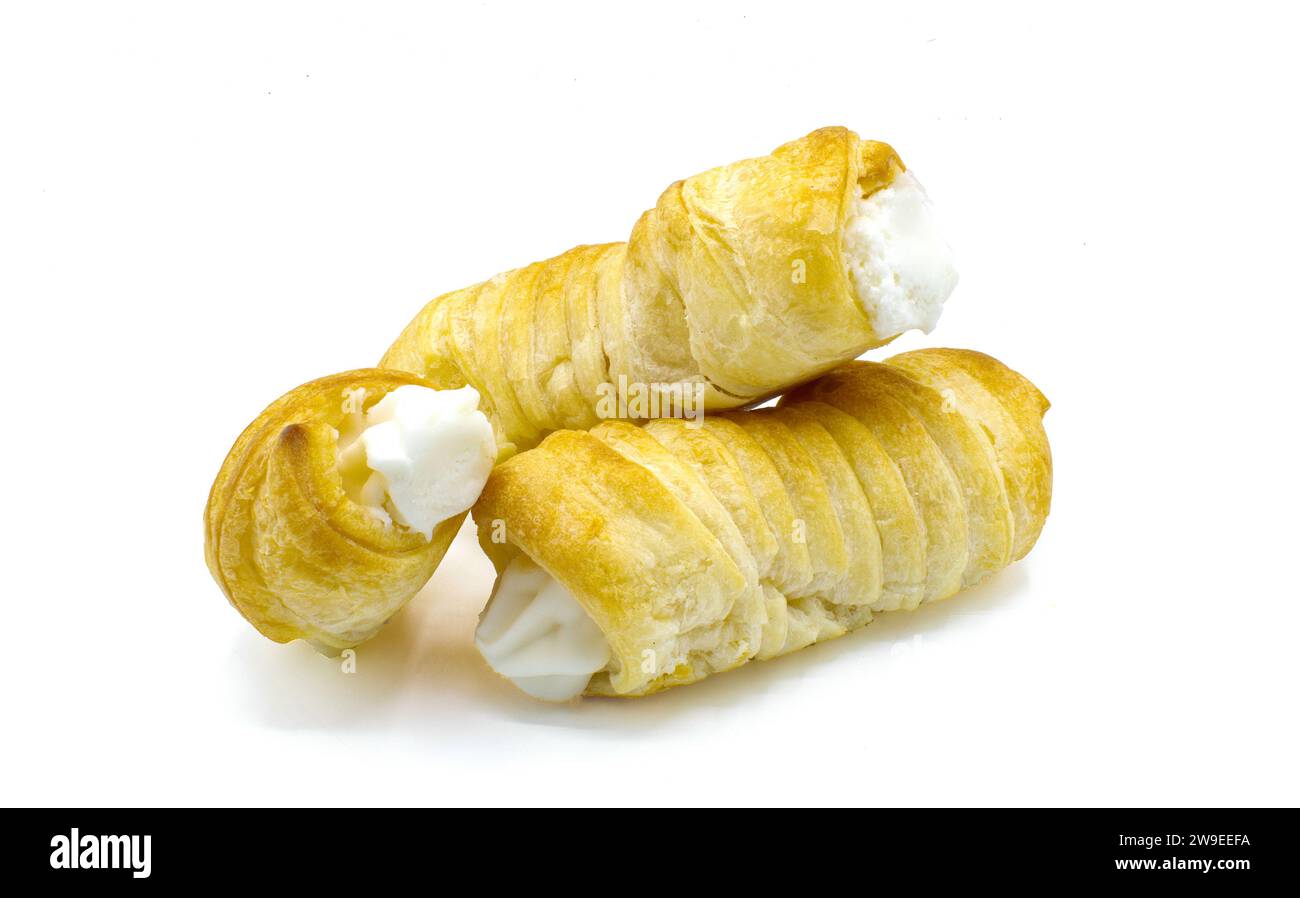 creamhorn or cream horn a custard tube golden brown color puff pastry ...