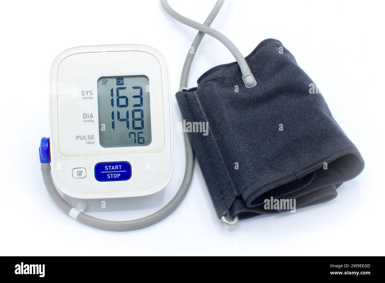Automatic Blood pressure meter and Velcro cuff showing a high blood ...