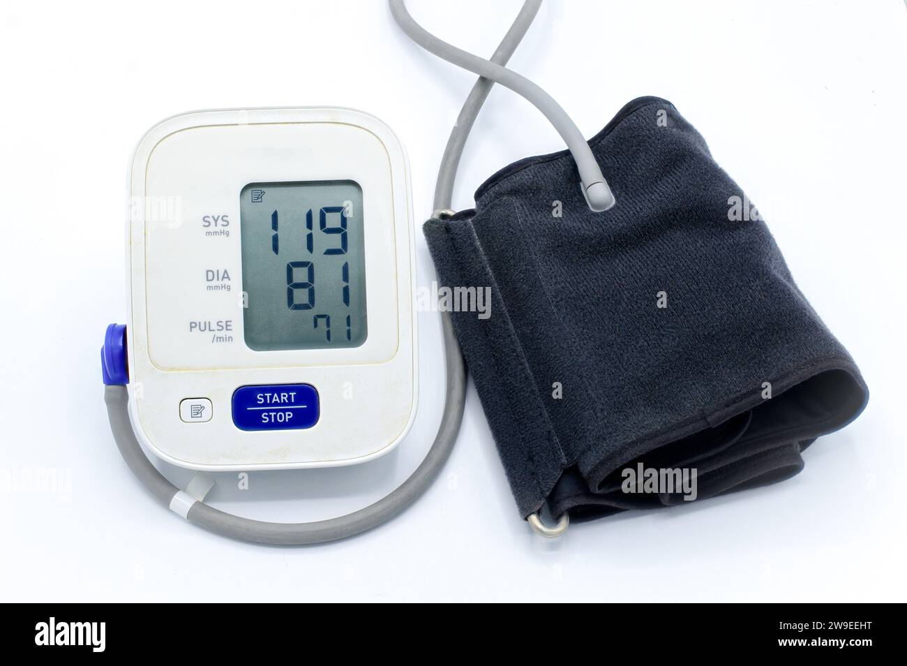 Automatic Blood pressure meter and Velcro cuff showing a normal healthy ...