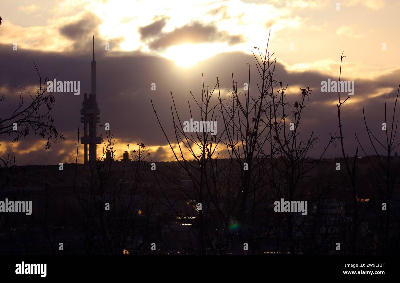Zizkov television tower in Mahler Gardens during the winter solstice in ...
