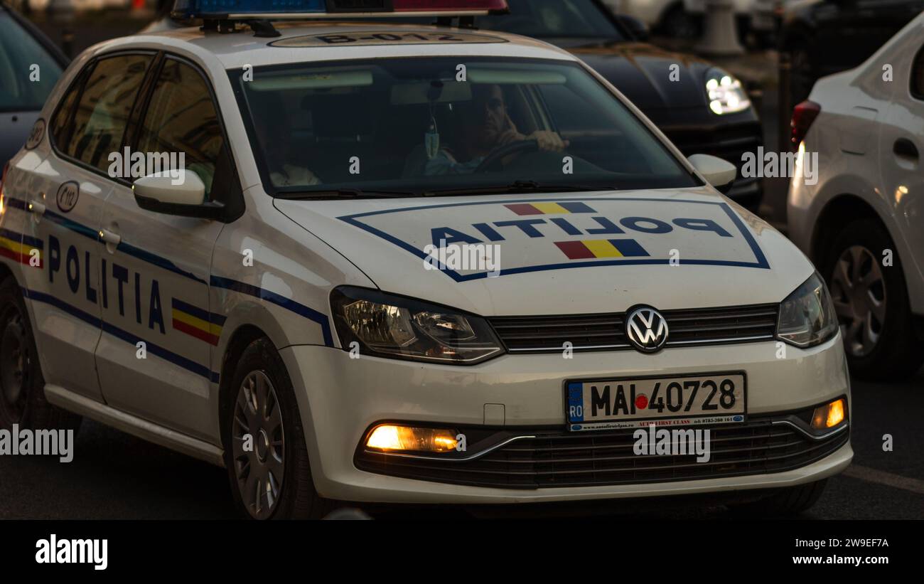 Romanian Police Car in traffic during rush hour in Bucharest Stock ...