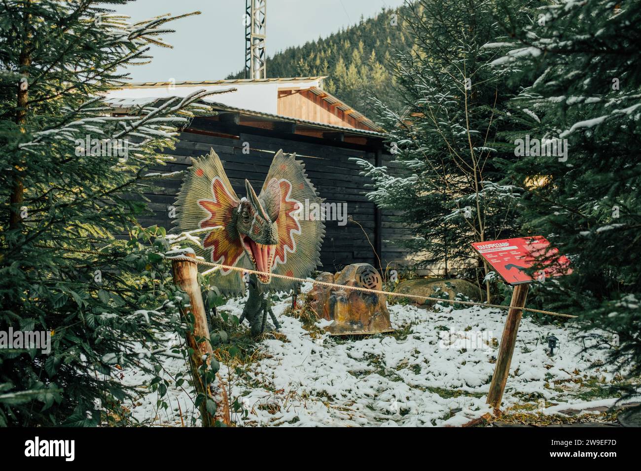 Bukovel, Ukraine - December 2023. Attraction statue of dinosaurs model ...