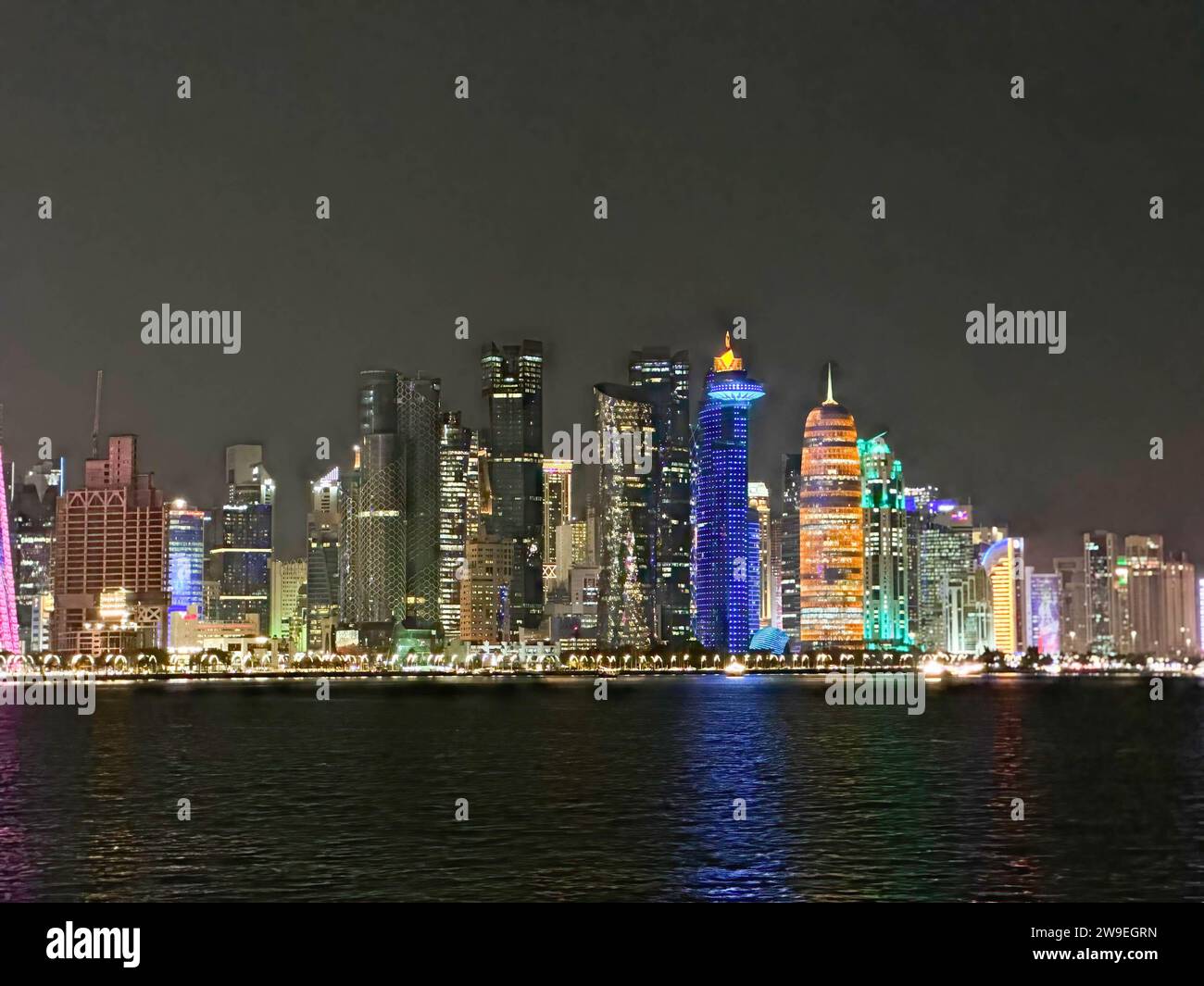 A general view of illuminated towers in Doha, the capital of Qatar ...