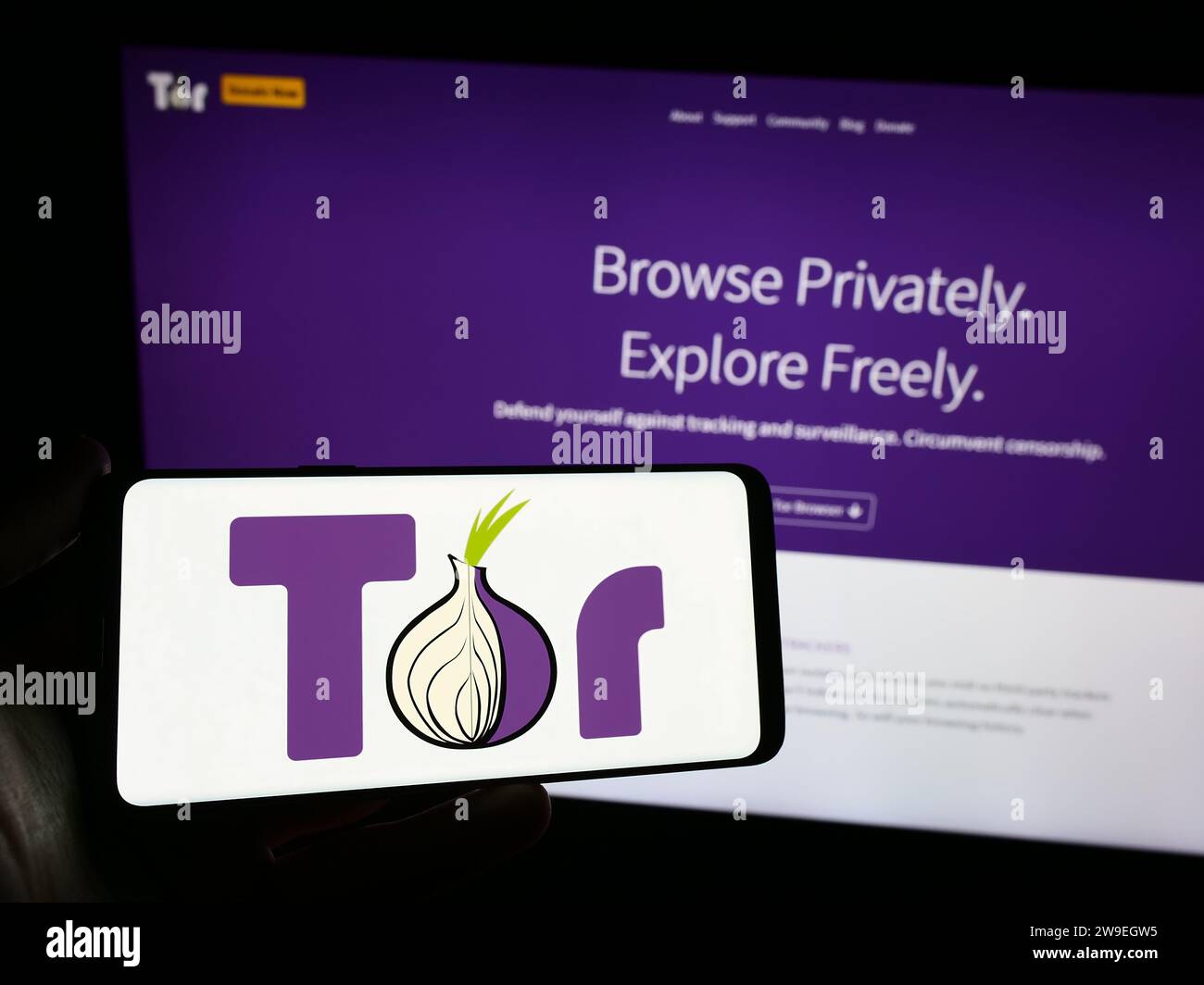 Person holding smartphone with logo of anonymous communication software ...