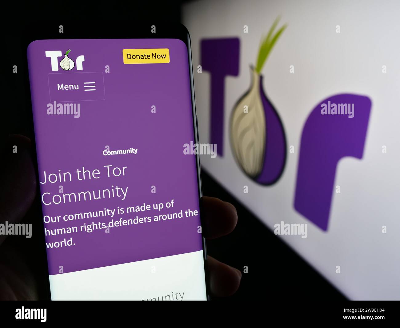 Person holding cellphone with webpage of anonymous communication ...