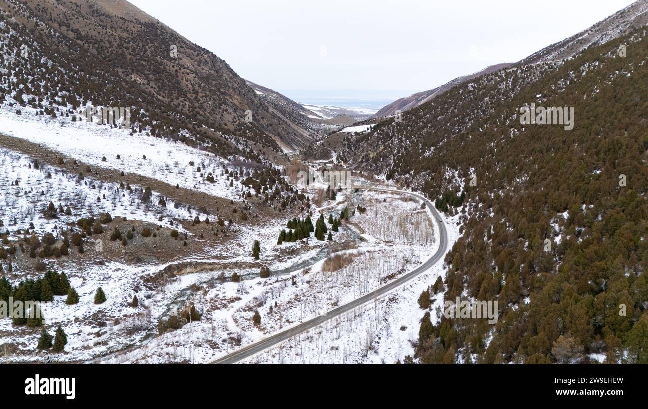 Aerial view of snow capped mountains and fir trees in the Ala-Archa ...