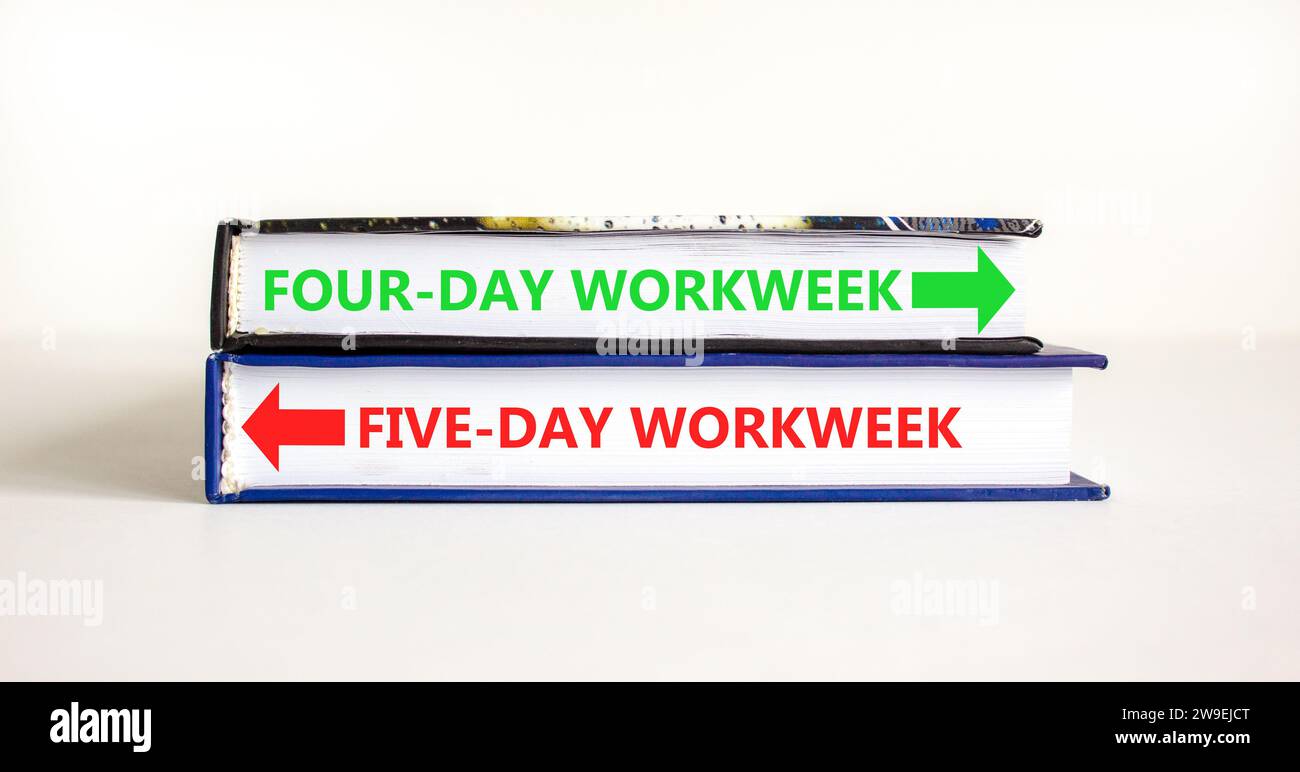 5 or 4 day week symbol. Concept word Five-day workweek or Four-day workweek on beautiful books ...