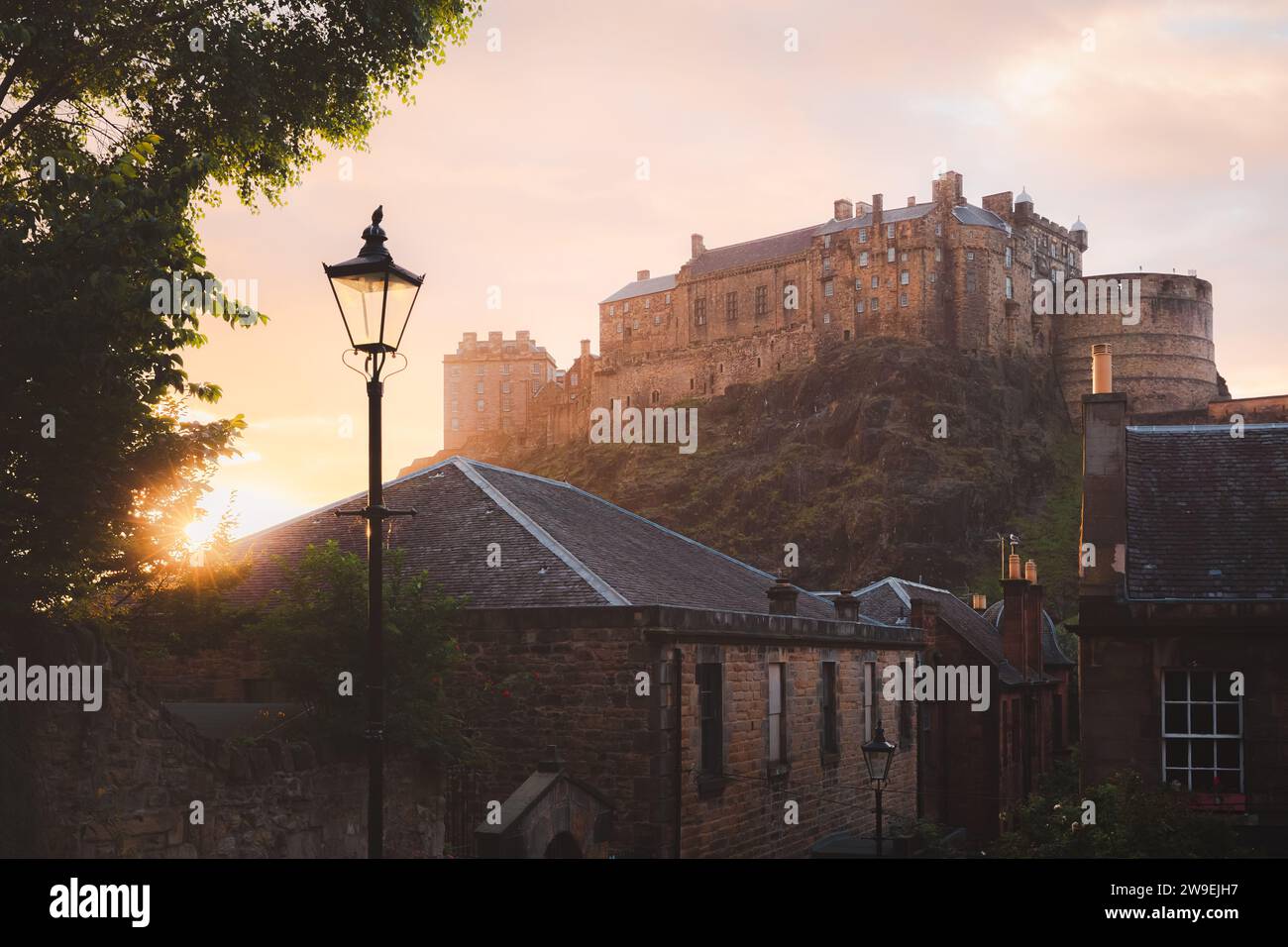The iconic view of Edinburgh Castle from the vennel steps on a summer ...