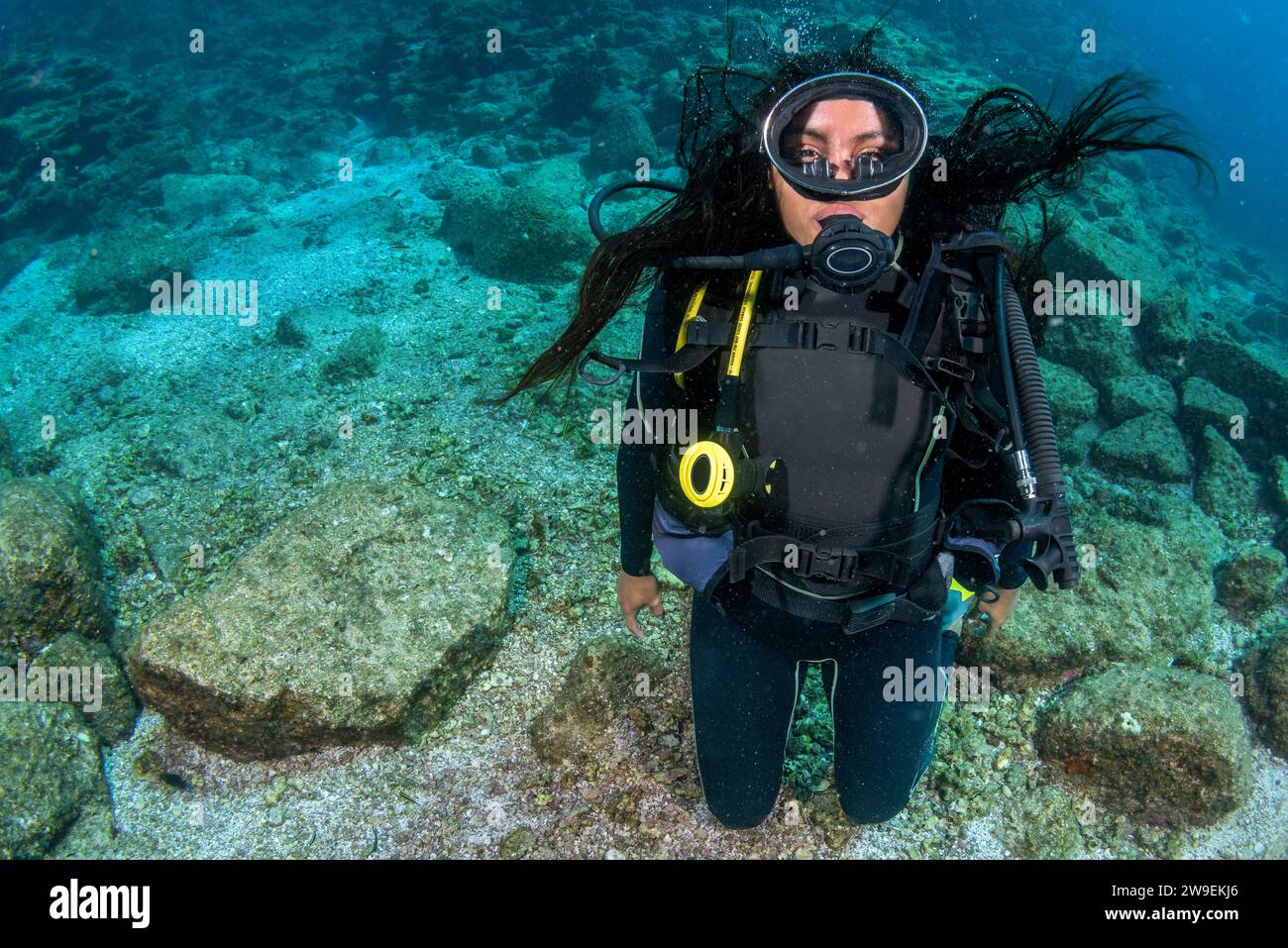 A beautiful black long hair latina scuba diver diving underwater Stock ...