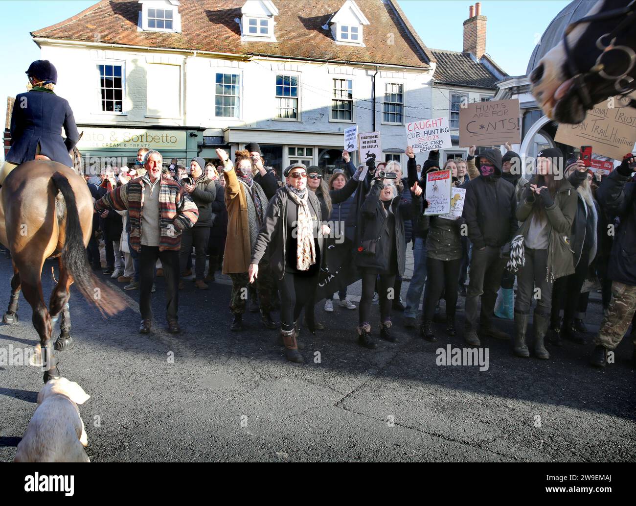 Bungay, UK. 26th Dec, 2023. Hunt protesters wave placards as the riders ...