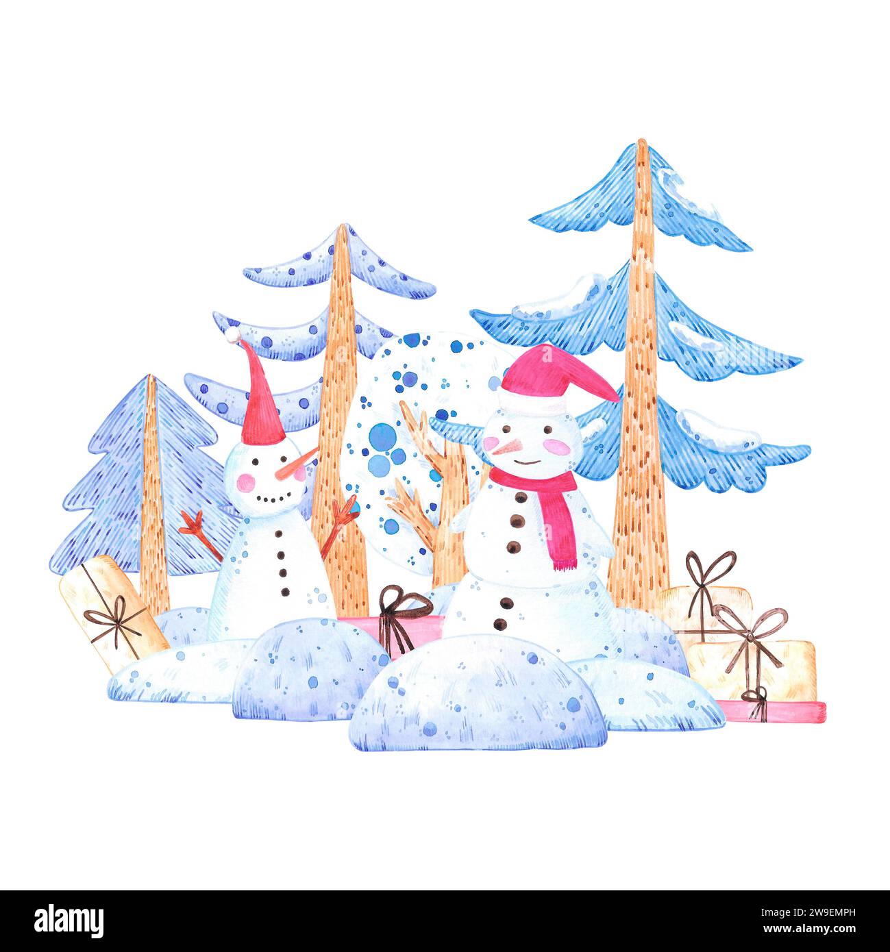 Hand drawn watercolor winter new year forest with snowmen. Fairy ...