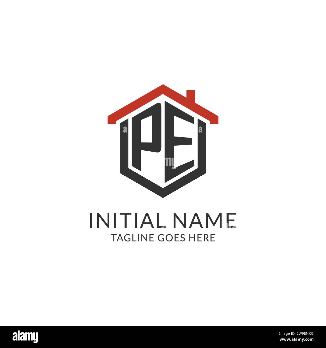 Initial logo PE monogram with home roof hexagon shape design, simple ...