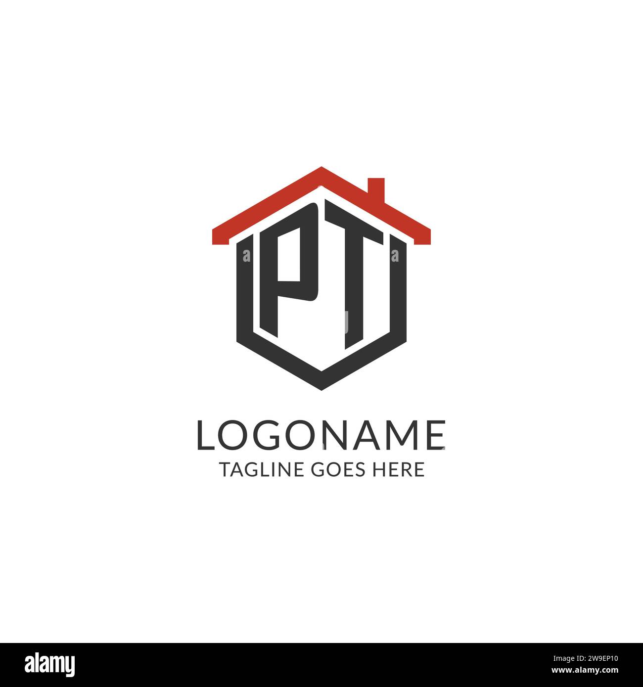 Initial logo PT monogram with home roof hexagon shape design, simple ...