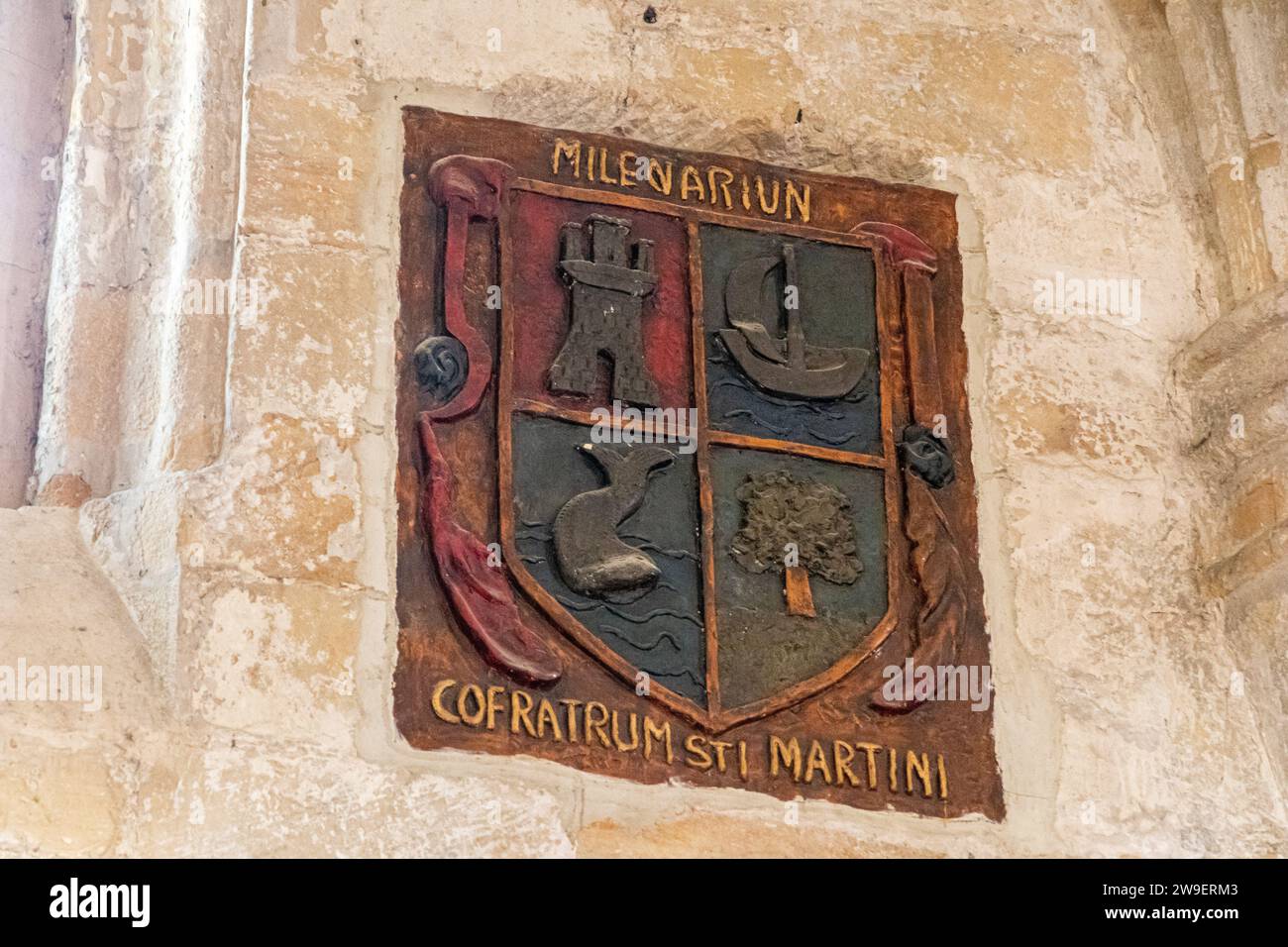 Laredo, Spain. Coat of arms of Milenariun Cofratrum Sti. Martini inside ...