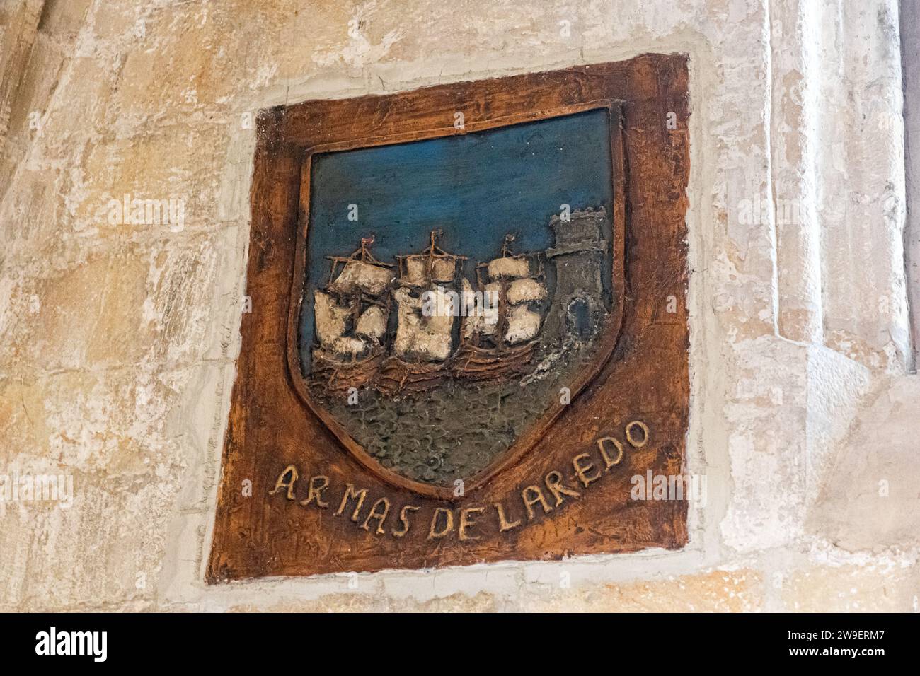 Laredo, Spain. Coat of arms of Laredo, with the boats and the Torre del ...