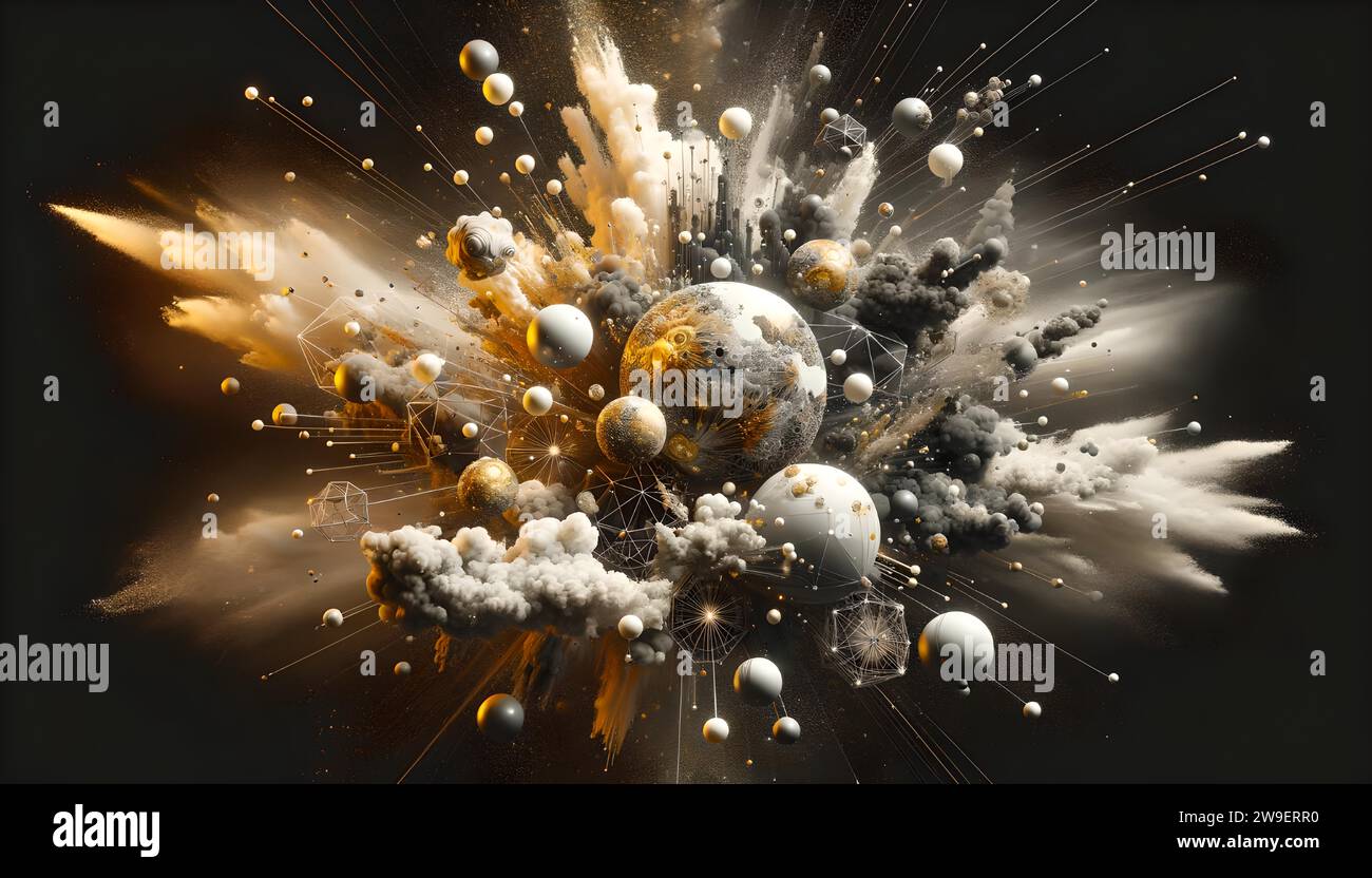 A cosmic explosion of gold and silver spheres amidst clouds, a dynamic ...
