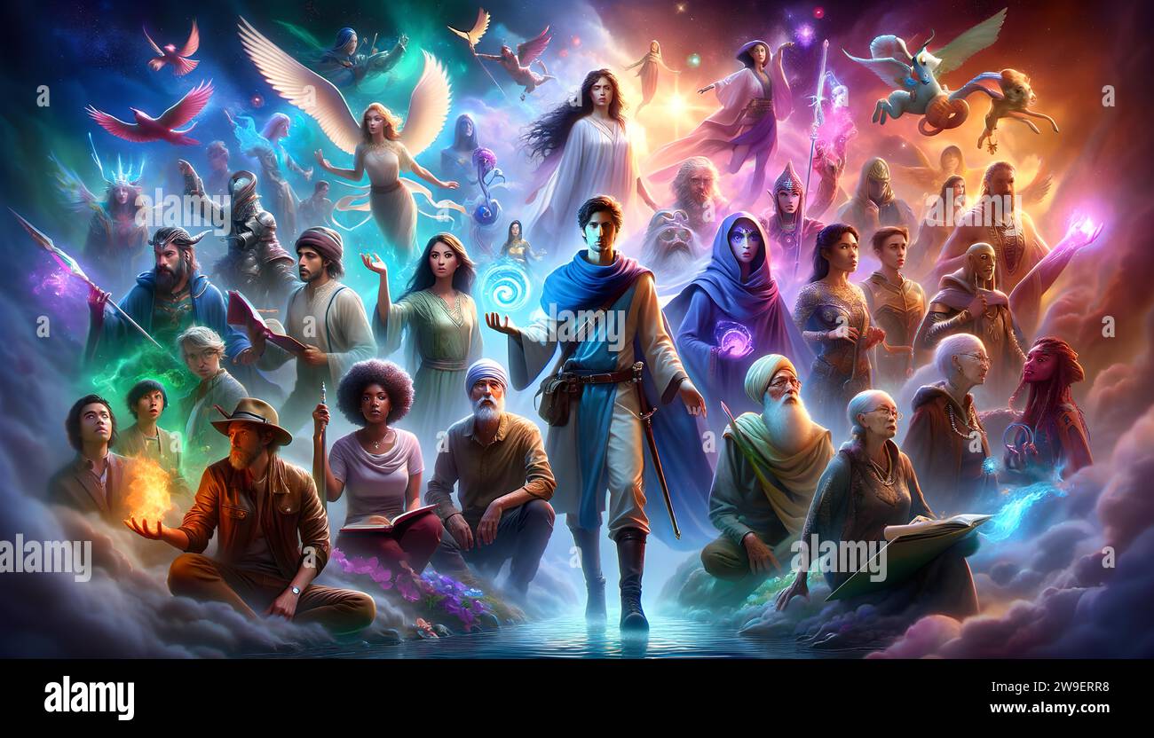 Magical and diverse fantasy world, showcasing characters of various ...