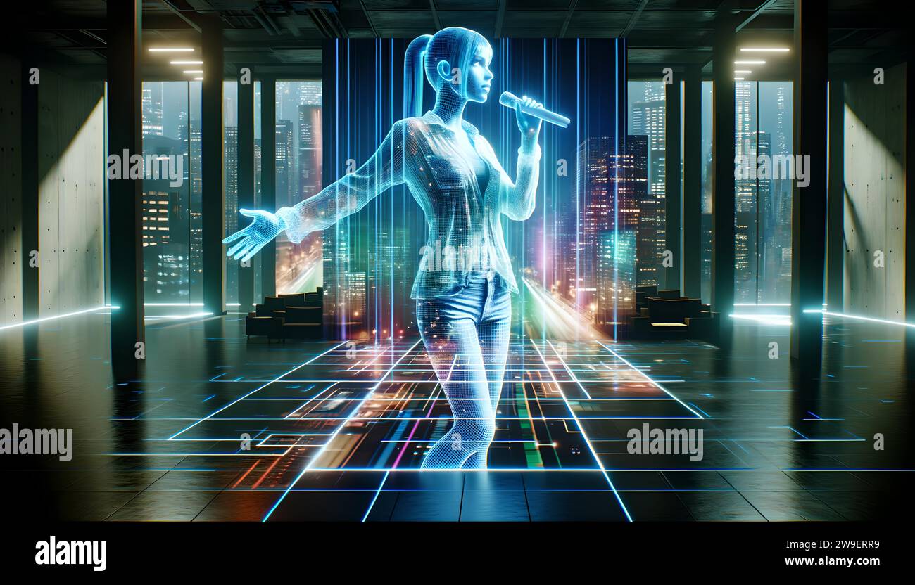 Lifelike singing hologram seamlessly integrated into a modern, urban ...