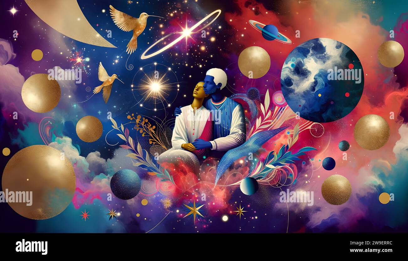 Non-binary couple embraced in a cosmic Valentine's journey, surrounded ...