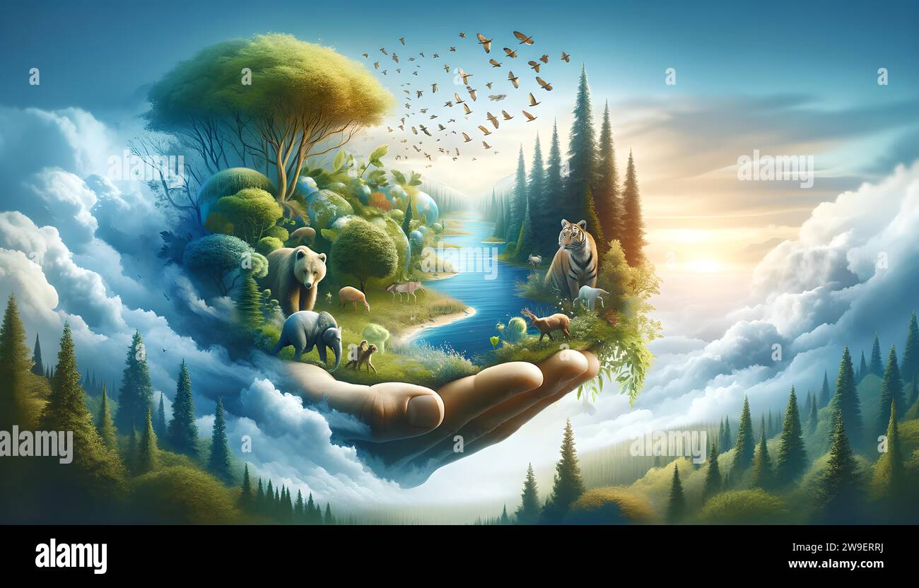 Surreal depiction of environmental conservation, highlighting a vibrant ...