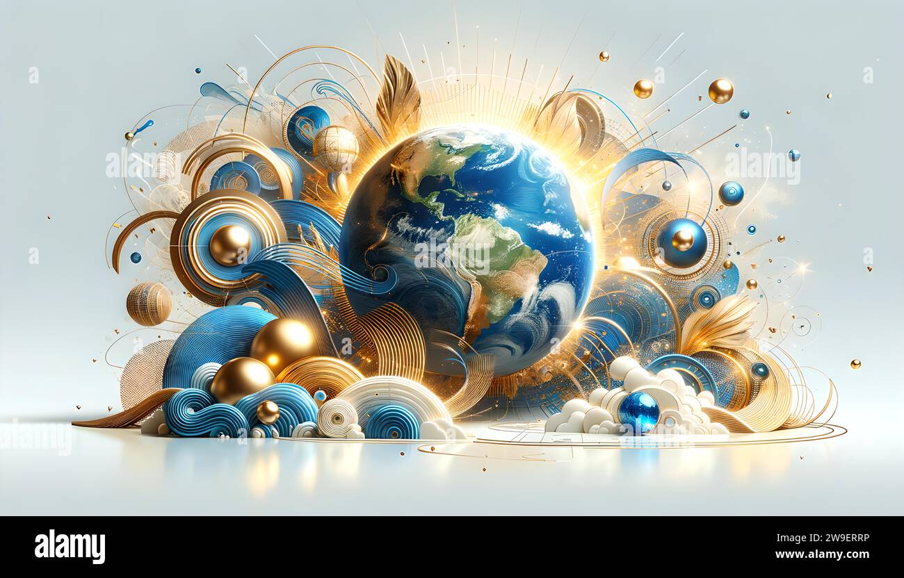 Earth as the centerpiece of an intricate cosmic ballet, with golden and ...