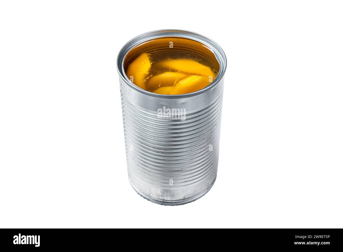Canned mango slices in syrup in a metal can. Isolated on white ...