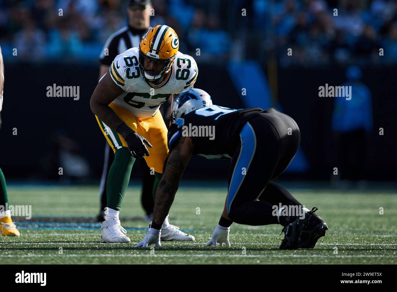 Green Bay Packers offensive tackle Rasheed Walker (63) keeps his eyes ...