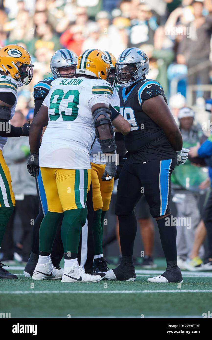 Green Bay Packers defensive tackle T.J. Slaton (93) gets in the face of Carolina Panthers ...
