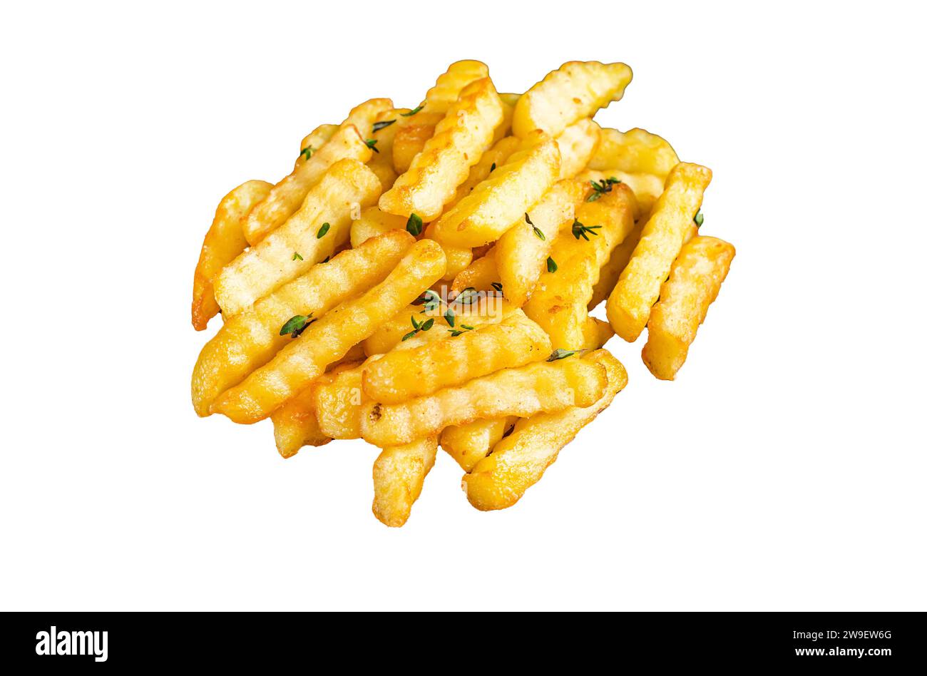 Baked Crinkle French fries potatoes sticks or chips Isolated on white ...