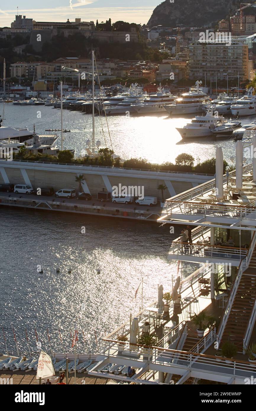 Monaco, Monte Carlo, 18 October 2022: Sunset panorama of port Hercule ...
