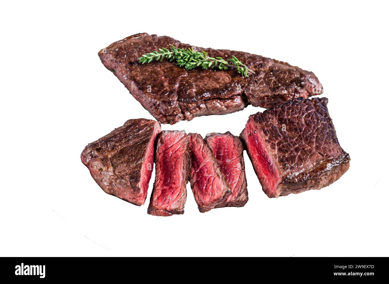 Roasted sliced rump beef meat steak Isolated on white background, top ...