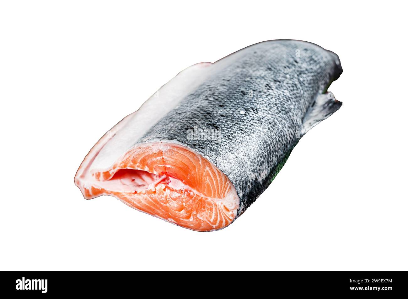 Big piece of Raw cut salmon fish Isolated on white background, top view ...