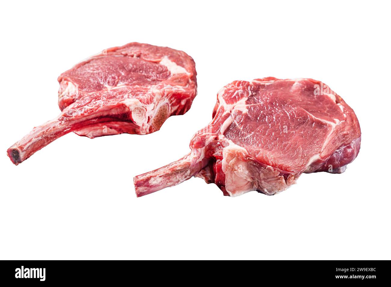 Raw Tomahawk beef (veal) steak on butcher table. Isolated on white ...