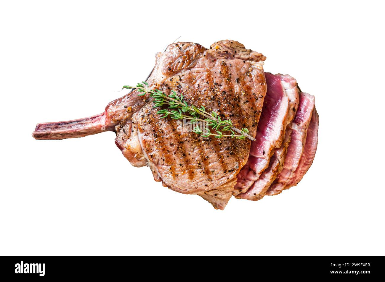 Grilled Tomahawk rib eye steak on grill with herbs. Isolated on white ...