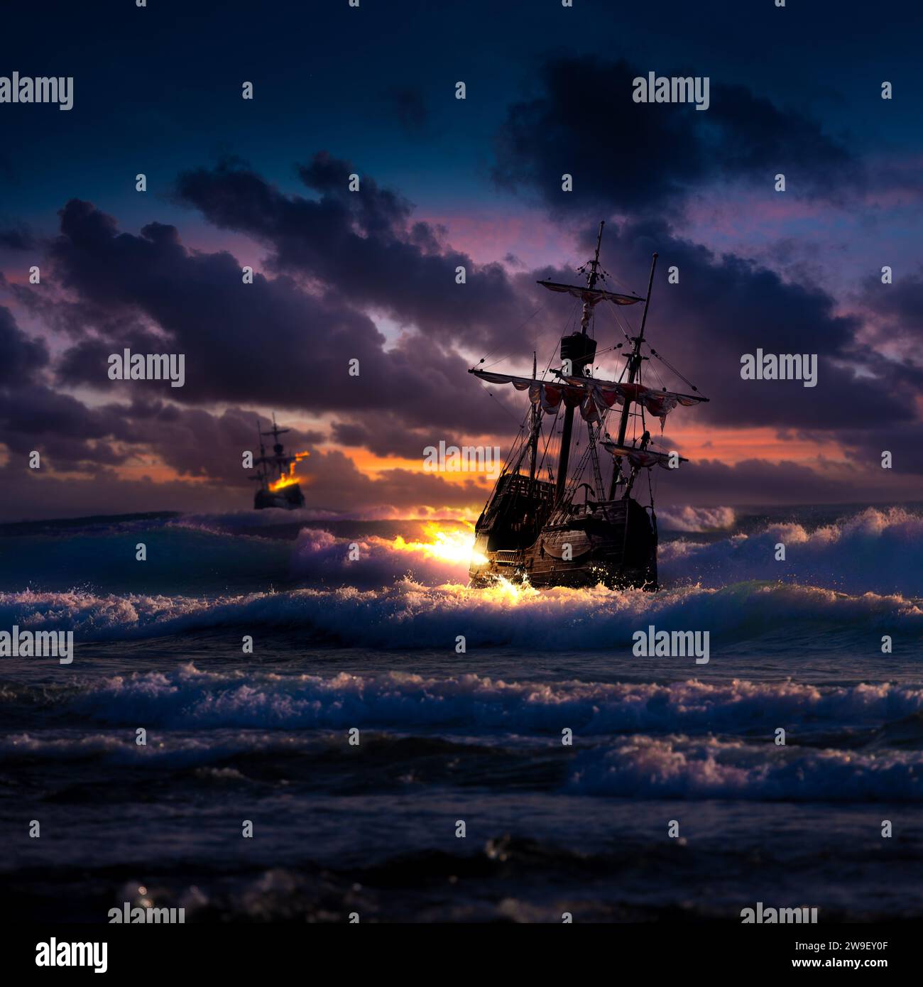 A battle between two sailing ships on the open sea during a storm ...