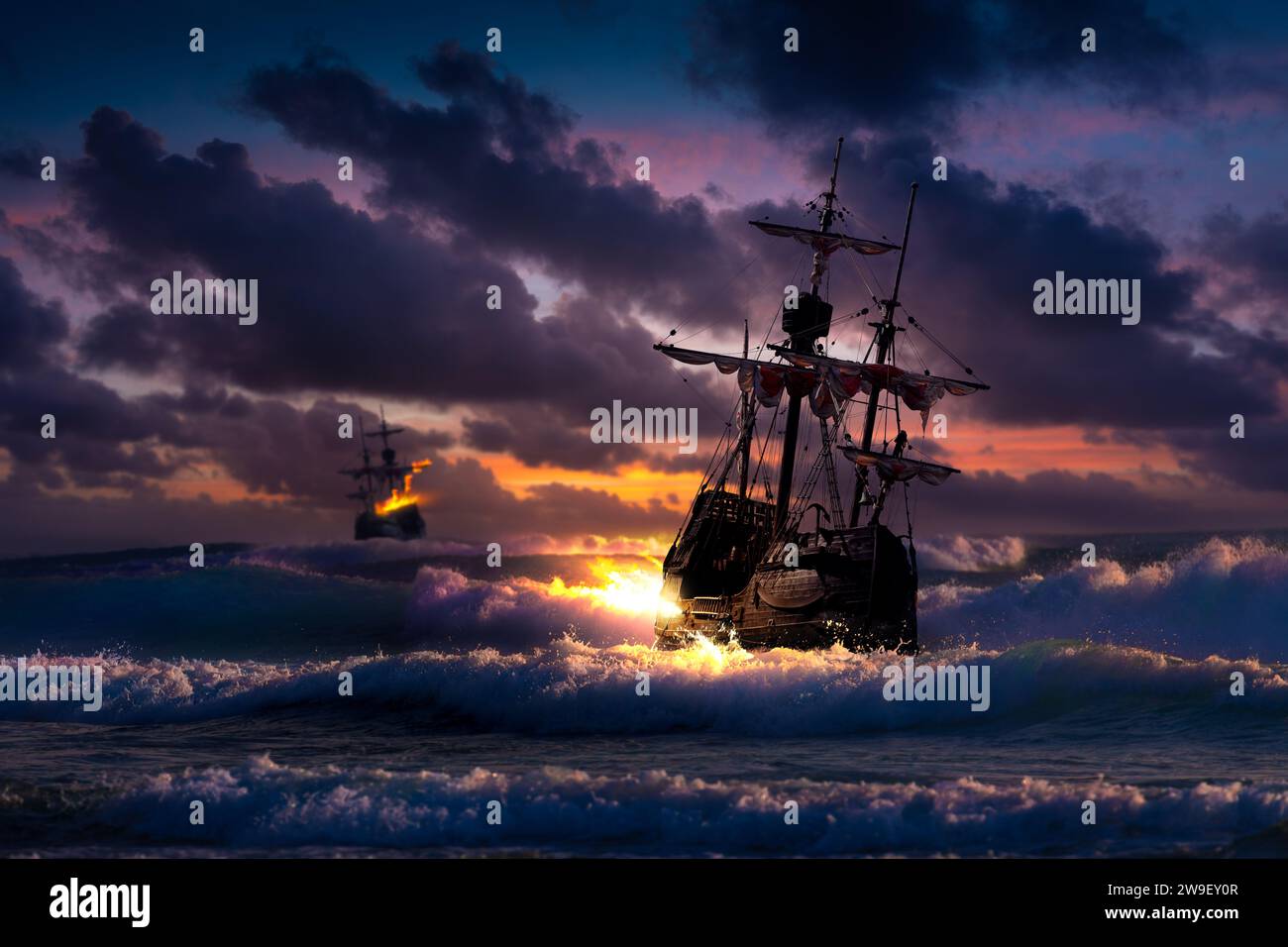 A battle between two sailing ships on the open sea during a storm ...