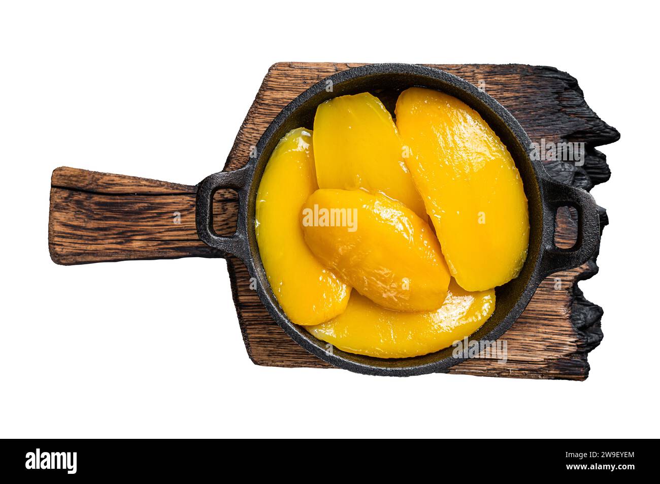 Canned mango slices in bowl. Isolated on white background, top view ...