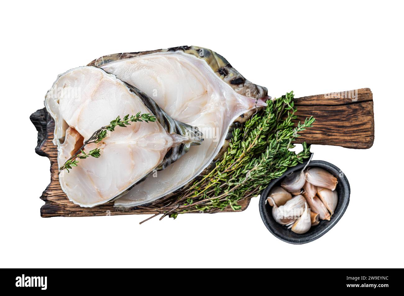 Fresh Raw wolffish o wolf fish Steak Isolated on white background, top ...