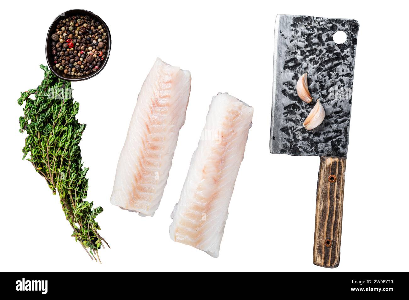 Raw cod loin fillet steak Isolated on white background, top view Stock ...