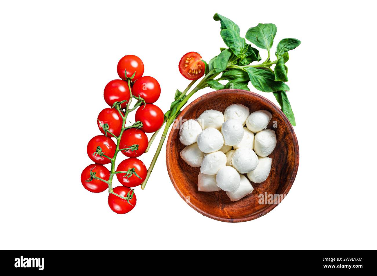 Italian mini Mozzarella cheese balls, basil and tomato cherry ready for ...