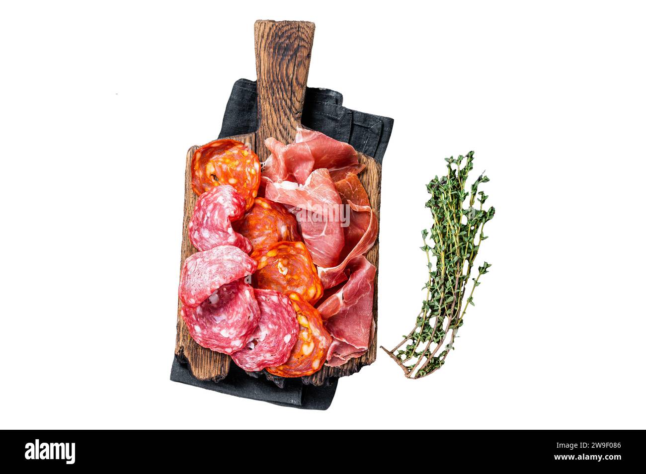 Spanish meat tapas - salami, jamon, choriso cured sausages. Isolated on ...