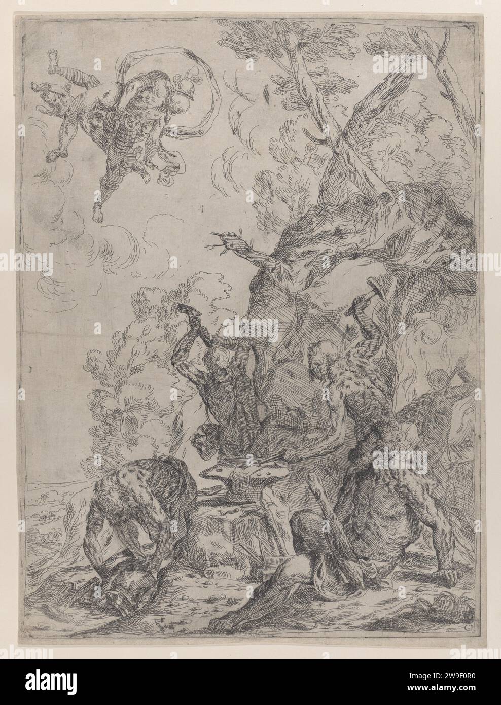 The forge of Vulcan with smiths striking an anvil with hammers, while ...
