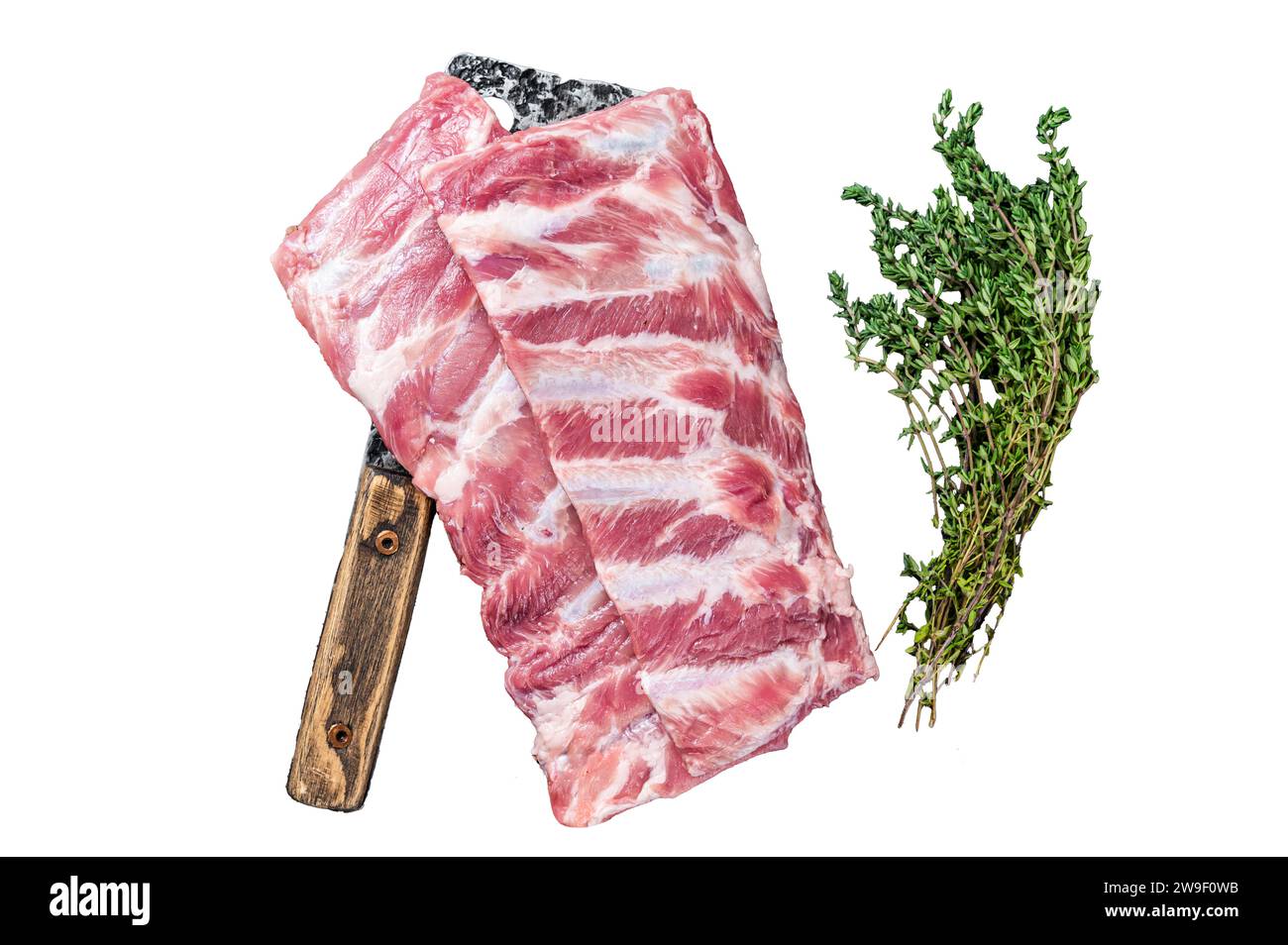 Uncooked Raw pork spare ribs on butcher meat cleaver. Isolated on white ...