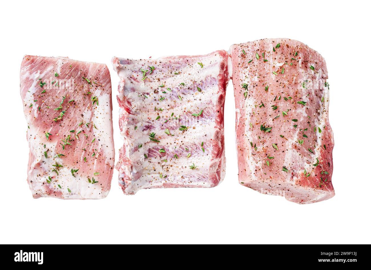 Set of Raw pork cuts, loin meat, spare ribs and brisket. Isolated on ...