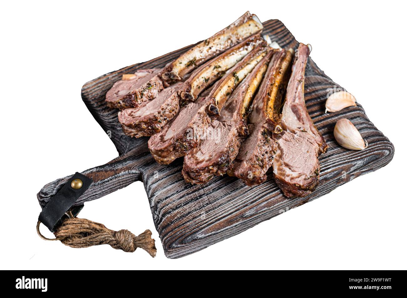 Grilled Lamb mutton Ribs Chops steaks on wooden board. Isolated on ...