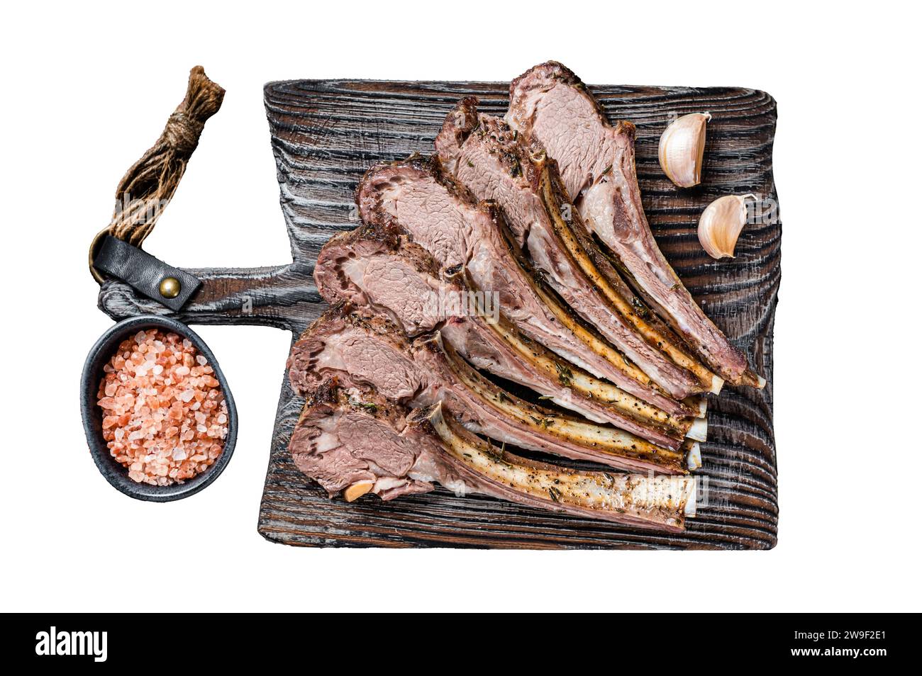 Grilled Lamb mutton Ribs Chops steaks on wooden board. Isolated on ...